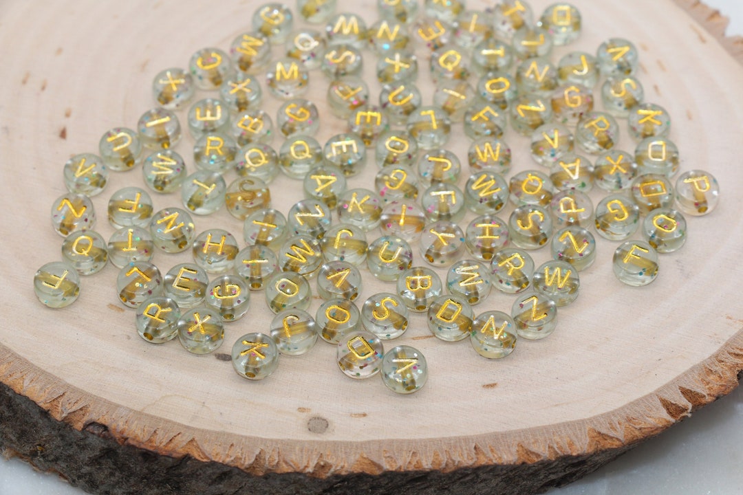 Gold With Glitter Alphabet Letter Beads, Acrylic Clear Letters Beads ...