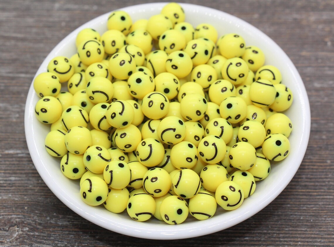 Smiley Face Round Beads, Emoji Beads, Happy Face Beads, Plastic Round ...