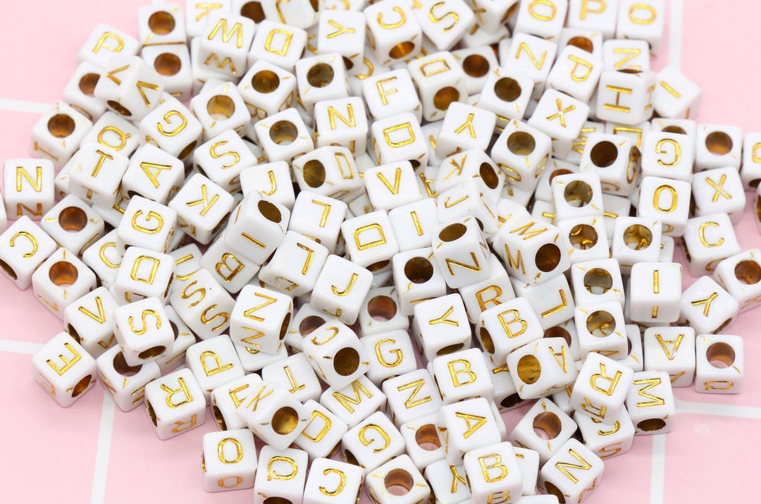 White and Gold Cube Alphabet Letter Beads, Gold Acrylic Letter Beads ...