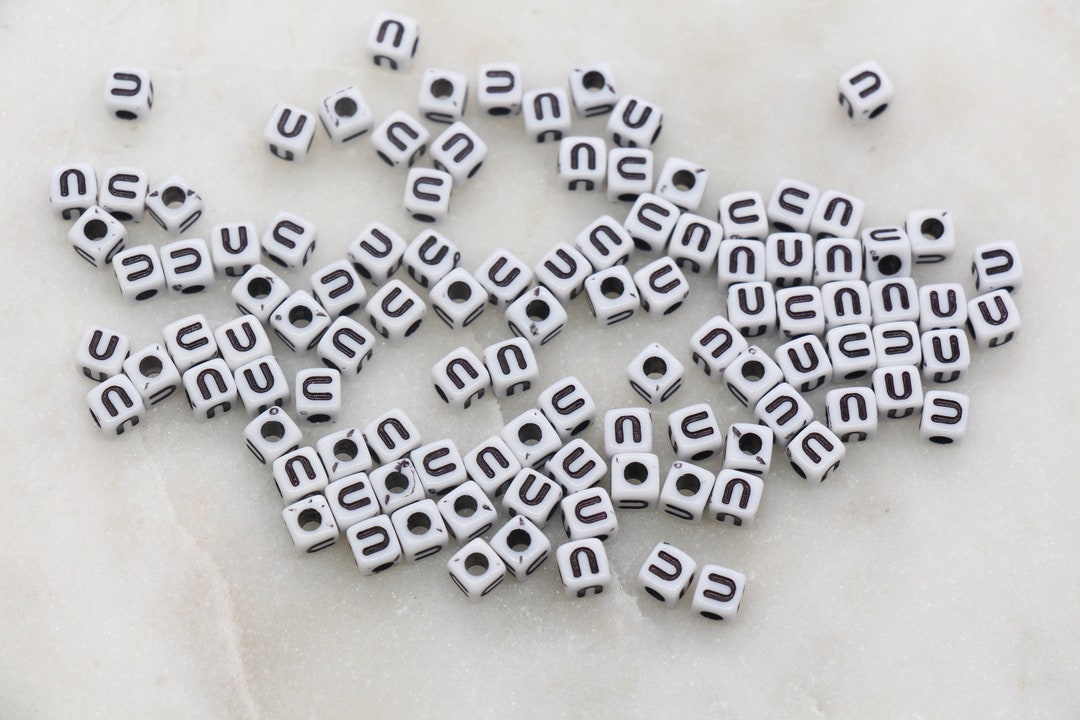 Letter U Cube Beads, White and Black Cube Alphabet Letter Beads, Black ...