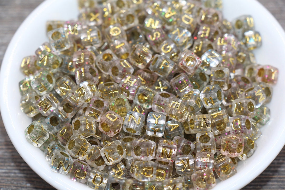 Cube Gold Alphabet Letter Beads, Glitter Beads With Gold Letters ...