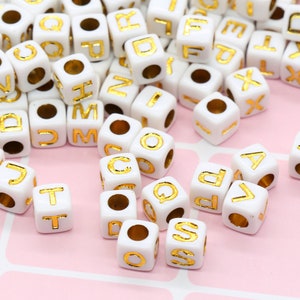 White and Gold Cube Alphabet Letter Beads, Mixed Gold Acrylic Letter ...