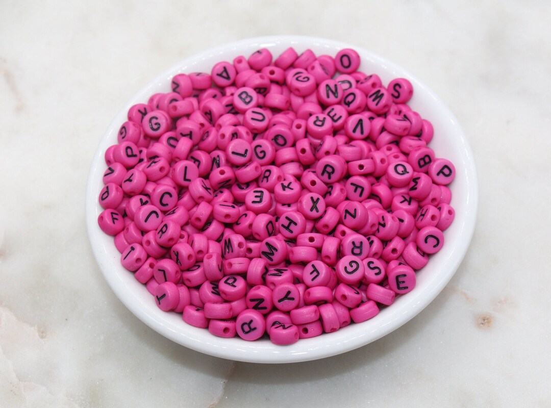 Magenta Pink Alphabet Letter Beads, Acrylic Pink With Black Letters ...