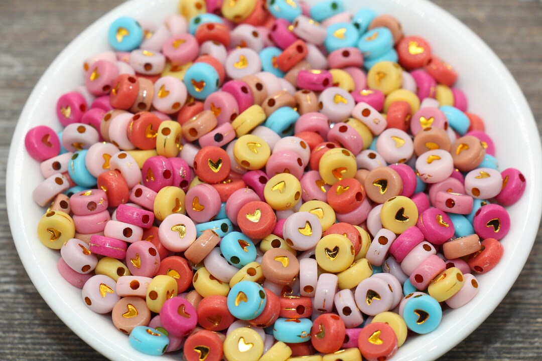 Gold Heart Beads, Acrylic Multicolor Beads With Gold Hearts, Mix Beads ...