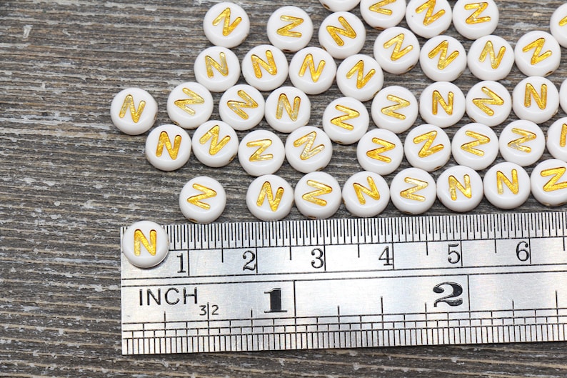 Letter N Alphabet Beads, White and Gold Alphabet Letter Beads, Acrylic ...