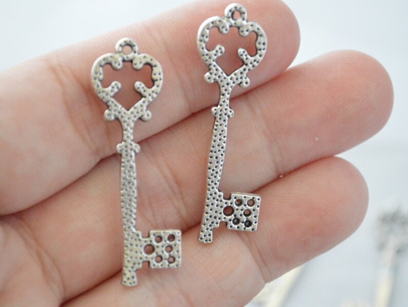 6 Pcs Key Charms Key Pendants Antique Silver Tone 15x38mm | Etsy