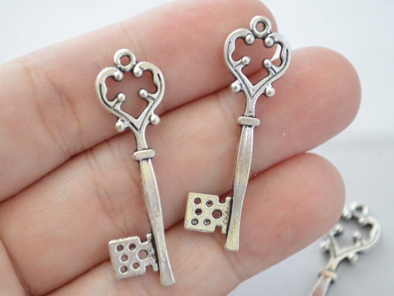 6 Pcs Key Charms Key Pendants Antique Silver Tone 15x38mm | Etsy