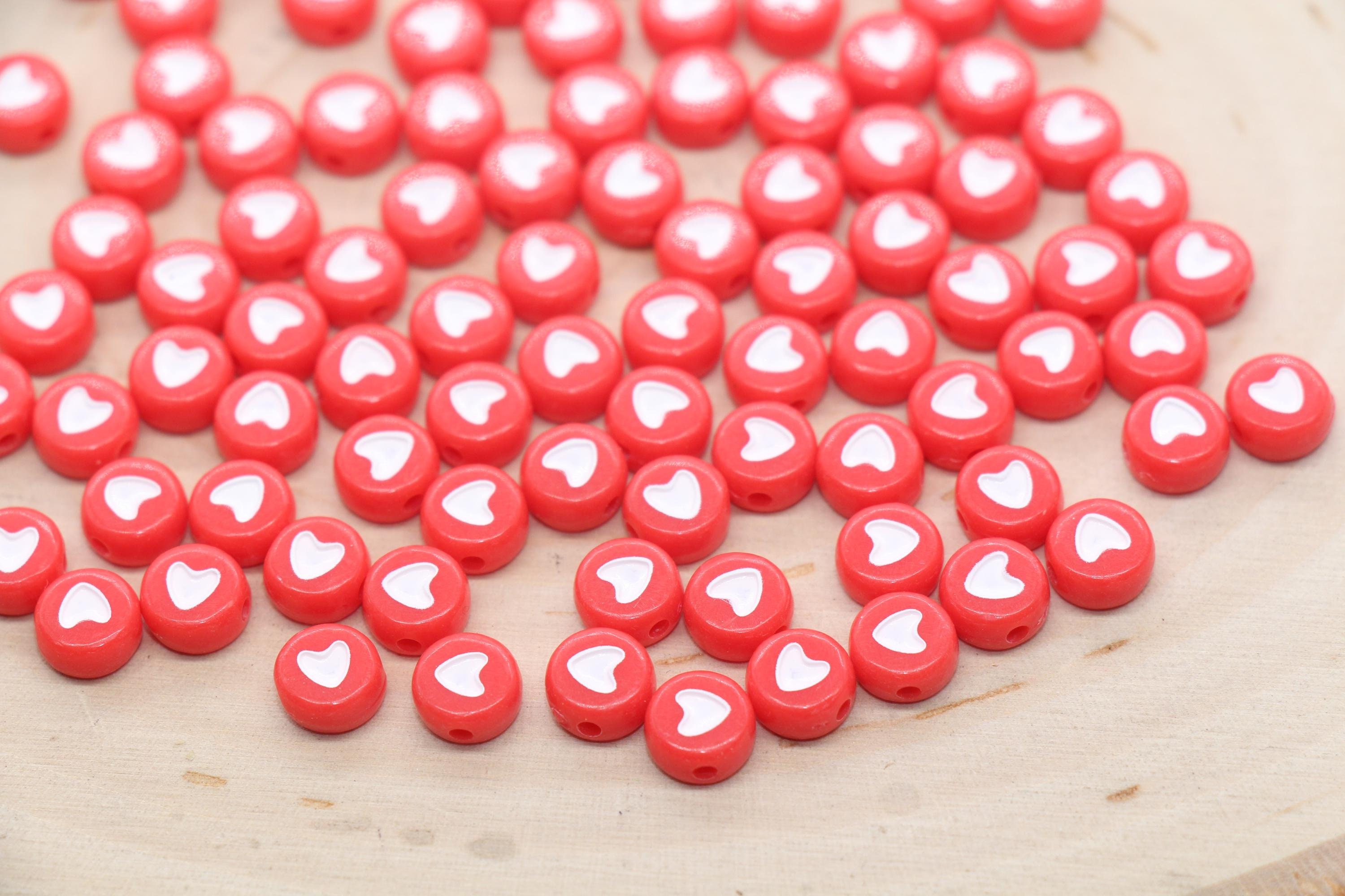 Bright Red Heart Beads, Red Beads With White Hearts, Heart Symbol Beads ...