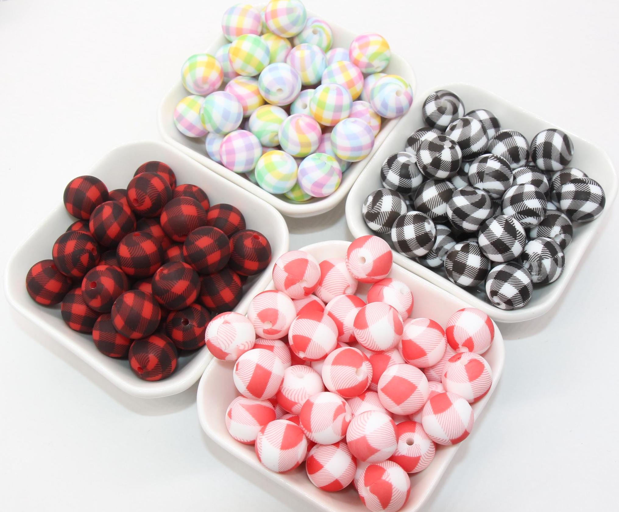 15mm Checkered Printed Beads, Christmas Silicone Beads, Round Bubblegum ...