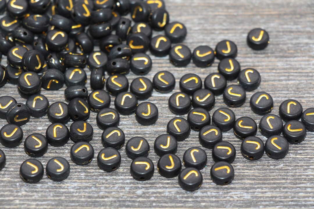 Letter J Beads, Black With Gold Letter J, Individual Letter, Single ...