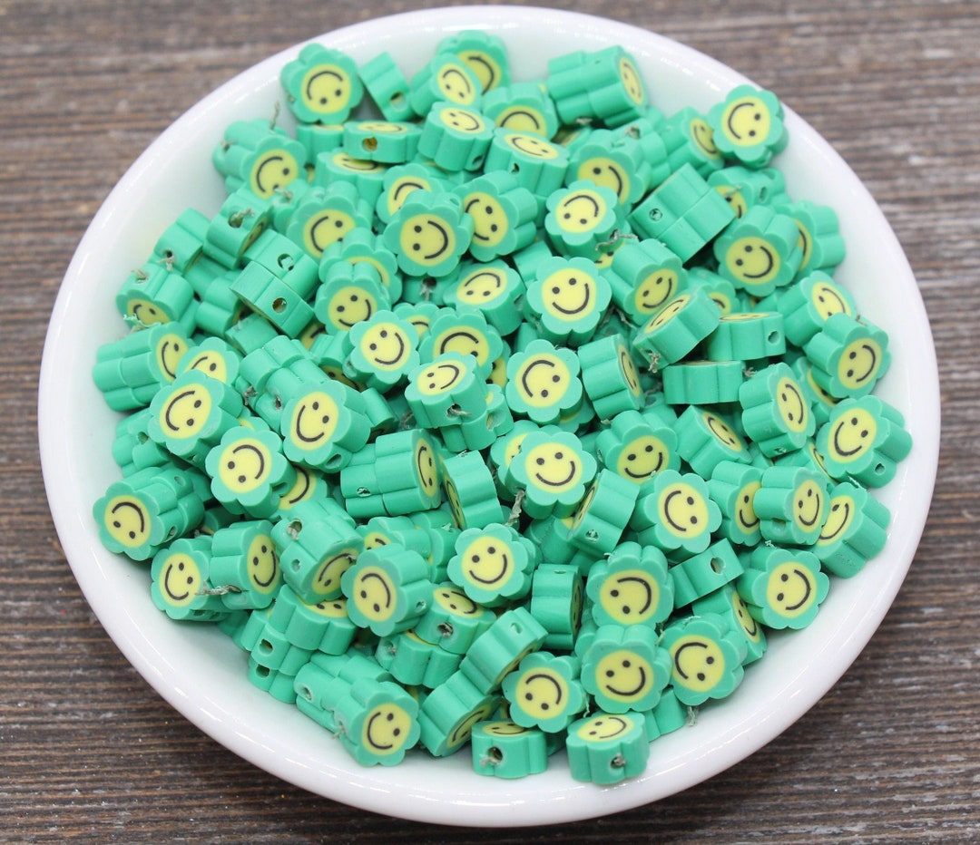 Green Smiley Face Polymer Clay Beads, Flower Shape Smiley Face Fimo ...