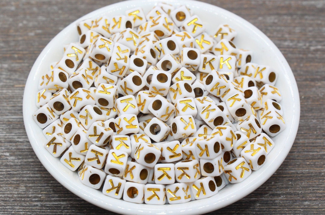 Letter K Letter Beads, Cube White Beads With Gold Lettering, Individual ...