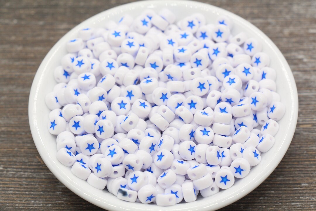 Blue Star Beads, Acrylic Blue Star Beads, White Beads With Blue Stars ...