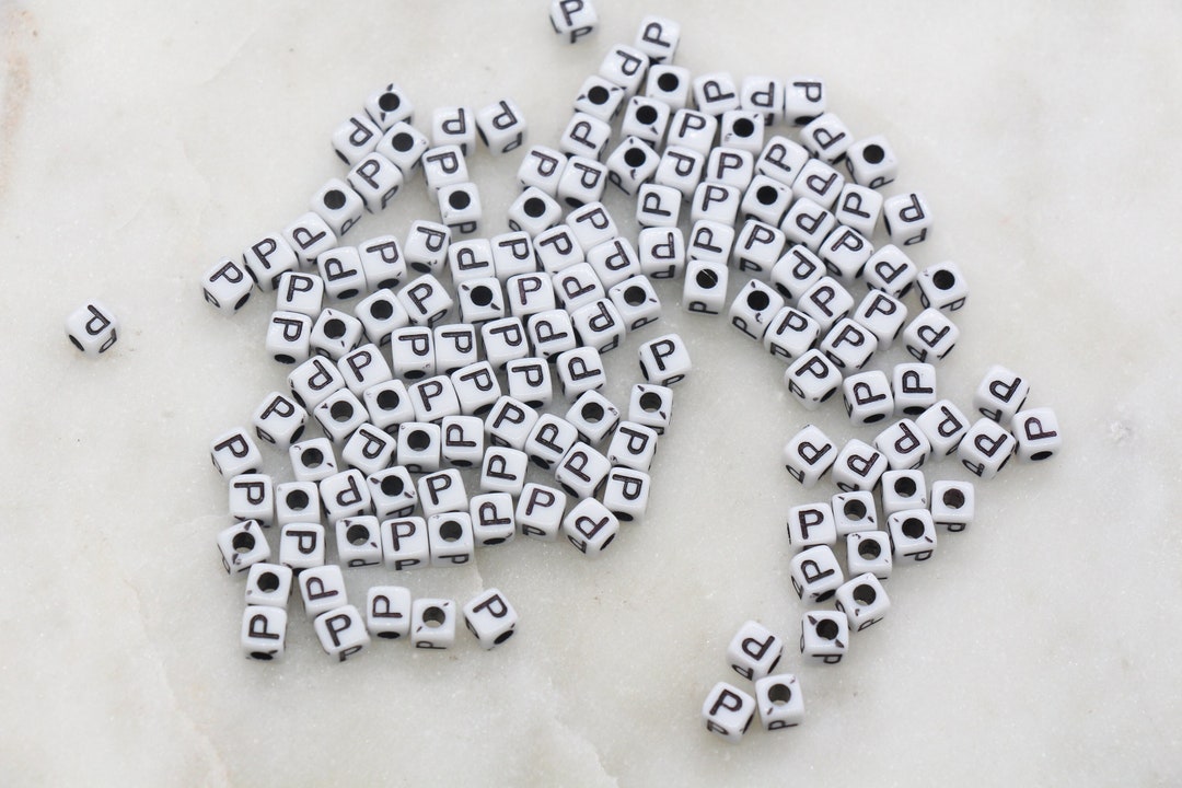 Letter P Cube Beads, White and Black Cube Alphabet Letter Beads, Black ...