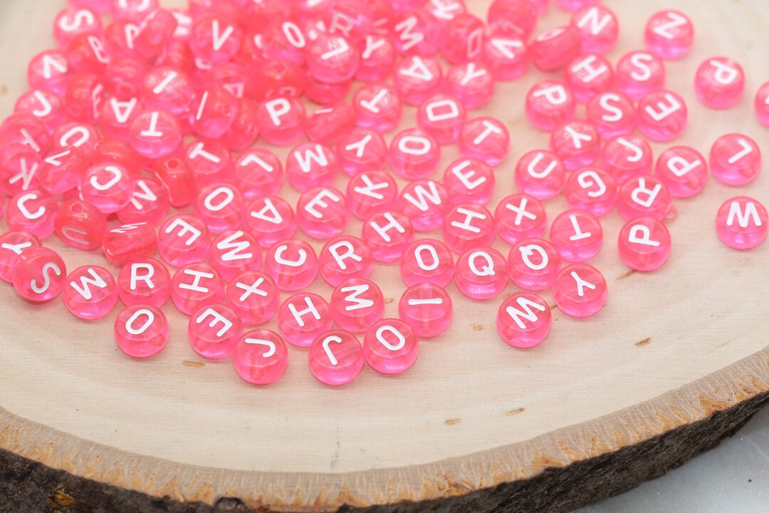 Pink Alphabet Letter Beads, Pink Transparent Beads With White Letters ...