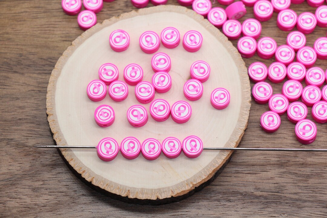 Awareness Ribbons Clay Beads, Pink Ribbon Polymer Clay Beads, Round ...