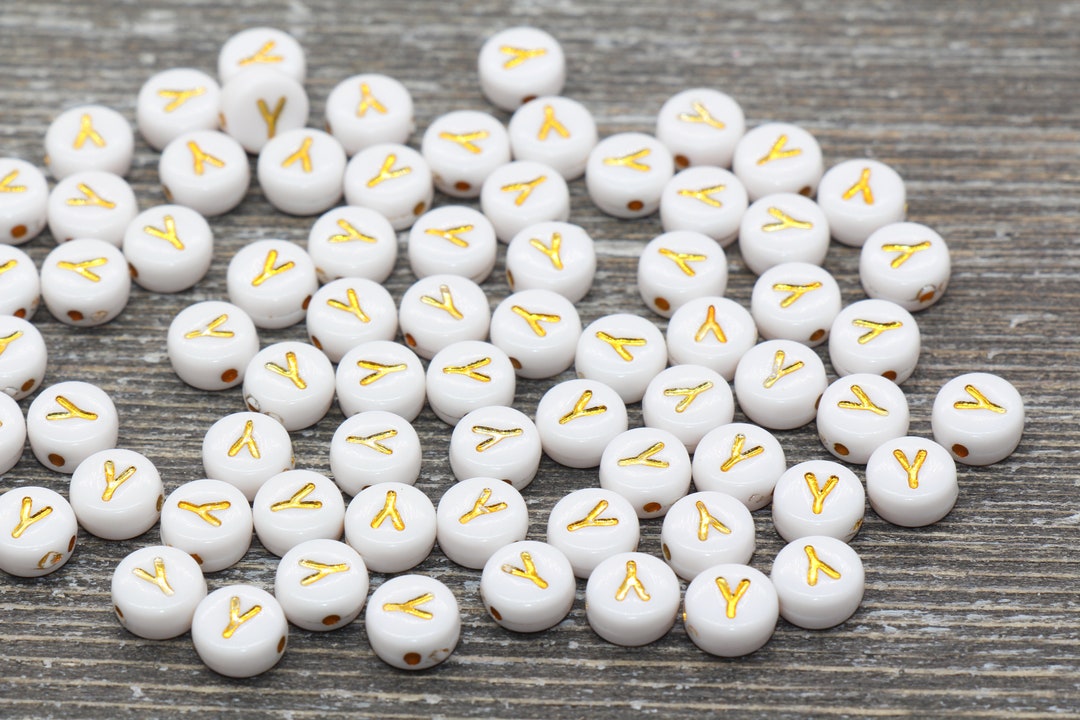 Letter Y Alphabet Beads, White and Gold Alphabet Letter Beads, Acrylic ...