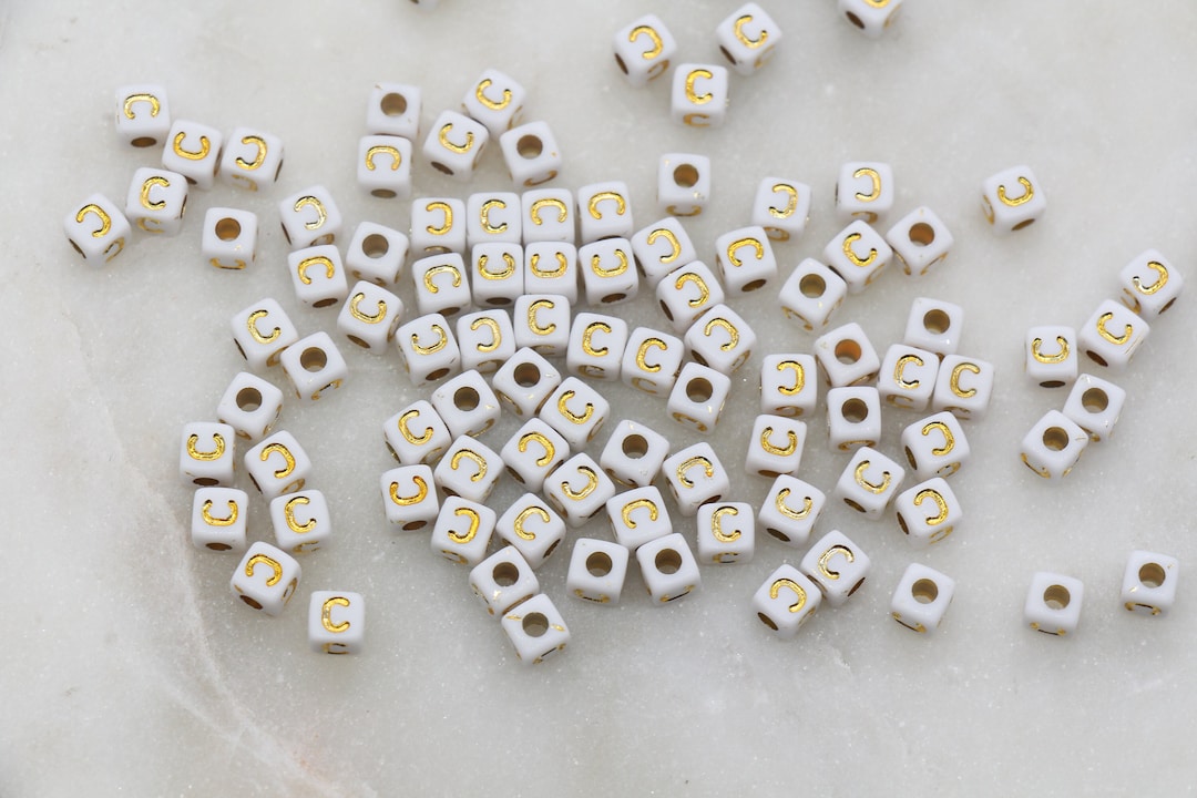 Letter C Cube Beads, Individual Letter Beads, White and Gold Cube ...