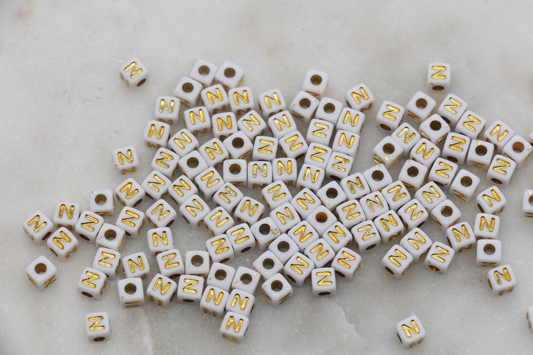 Letter N Cube Beads, Individual Letter Beads, White and Gold Cube ...