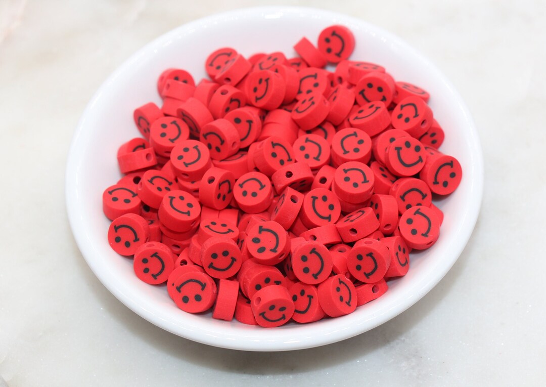 Red Smiley Face Polymer Clay Beads, Smiley Face Fimo Cane Beads, Happy ...
