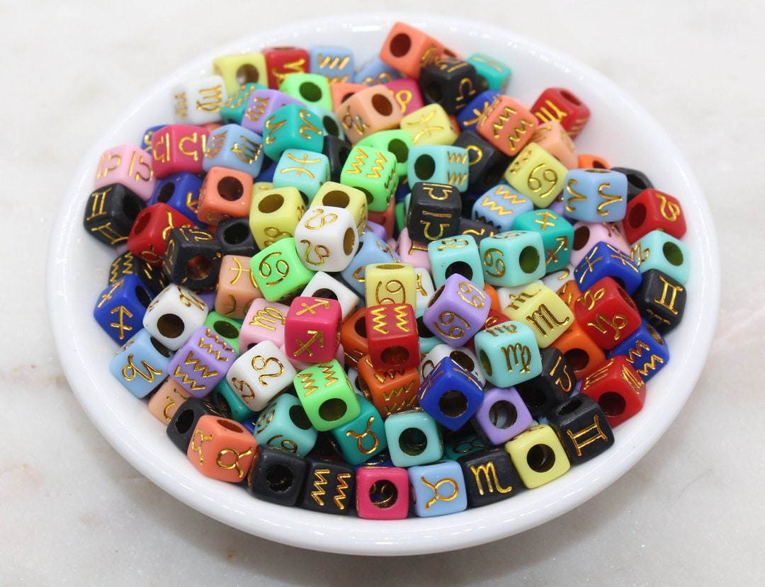 Gold Zodiac Symbol Beads, Zodiac Cube Beads, Multicolor Zodiac Acrylic ...