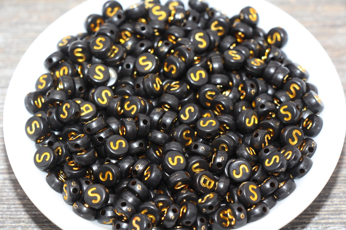 Letter S Beads, Black With Gold Letter S, Individual Letter, Single ...