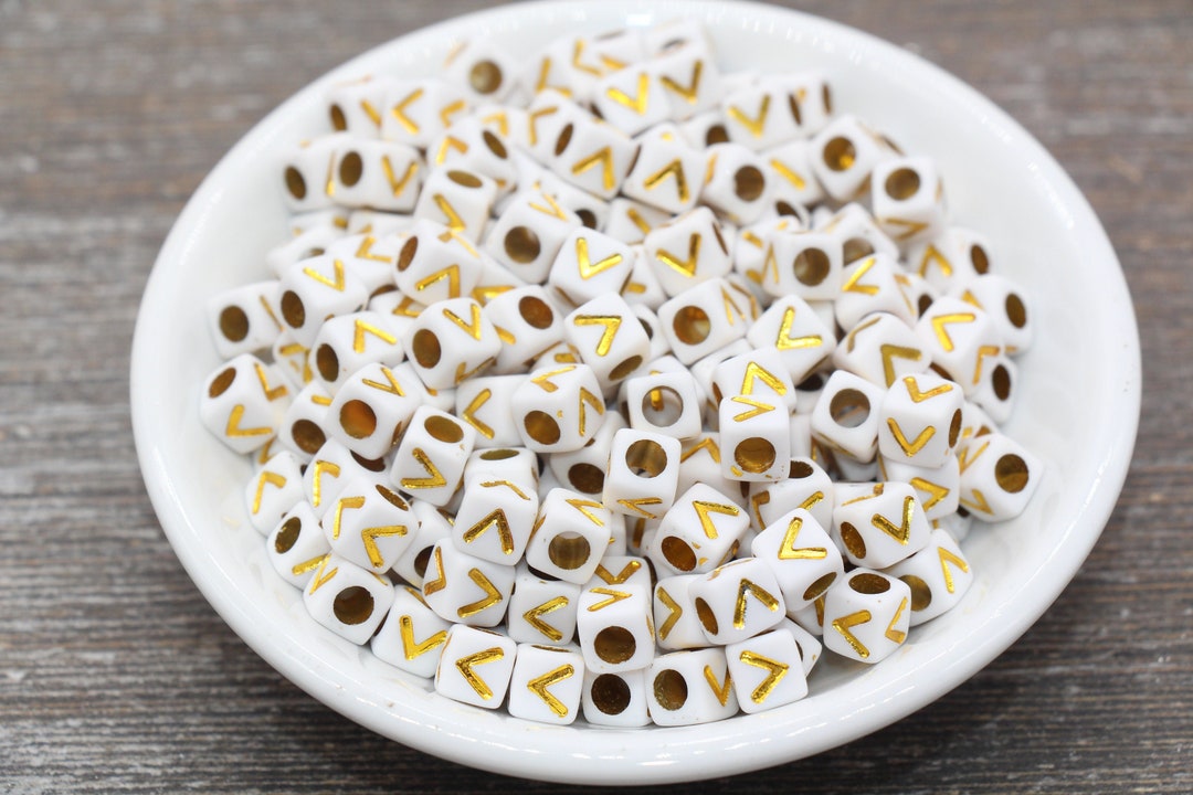 Letter V Letter Beads, Cube White Beads With Gold Lettering, Individual ...