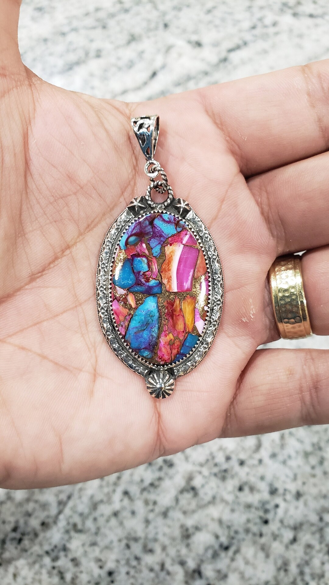 Pink Spiny Oyster Turquoise Pendant Custom Artisan Handmade 925 - Etsy