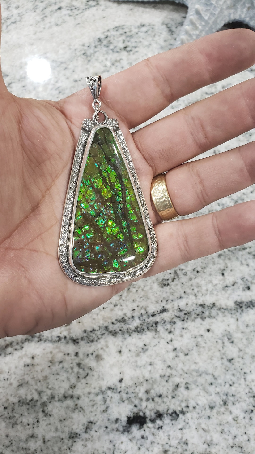 Large Blue/green Ammolite Pendant Custom Artisan Handmade 925 - Etsy