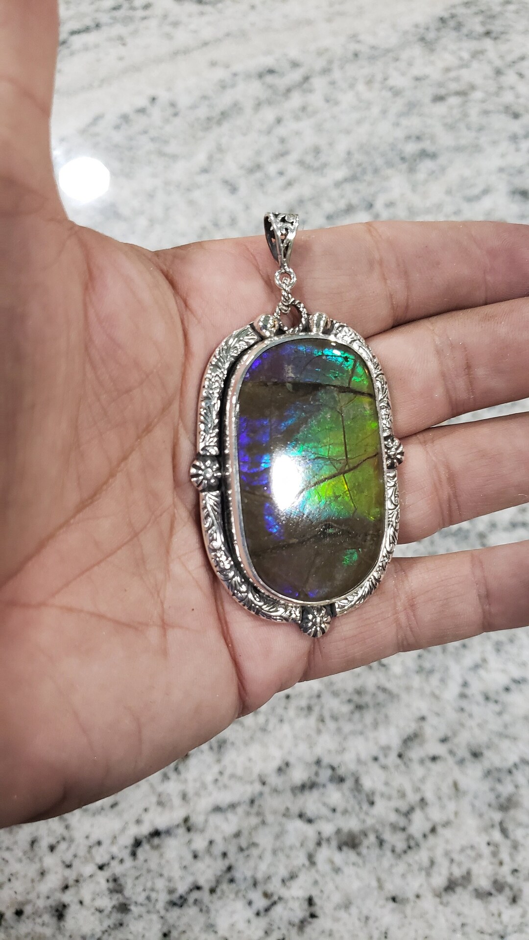 Large Blue/green Ammolite Pendant Custom Artisan Handmade 925 - Etsy