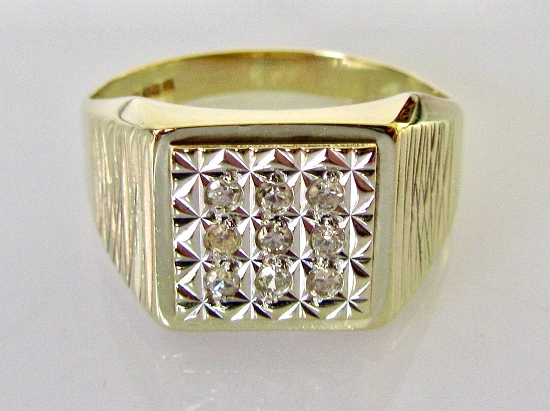 9ct Gold Multi Diamond Square Faced Vintage Signet Ring - Etsy