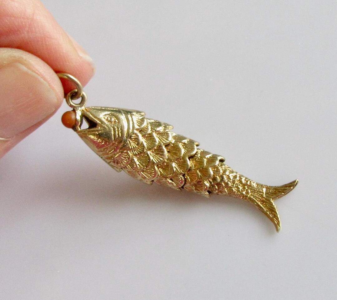 Large 9ct Gold Articulated Fish With a Coral Stone Charm or Pendant ...