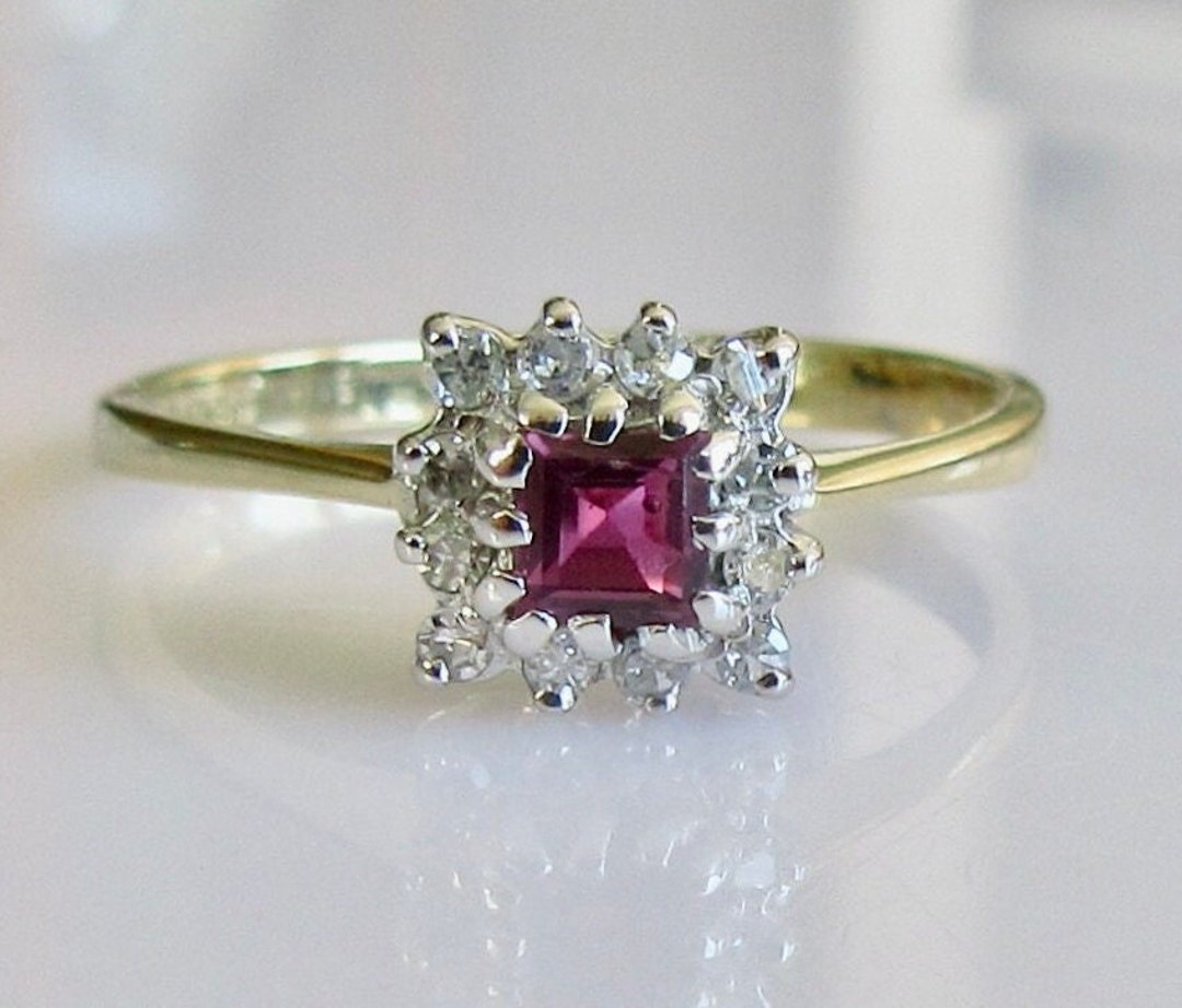 9ct Gold Square Ruby and Diamond Cluster Ring - Etsy
