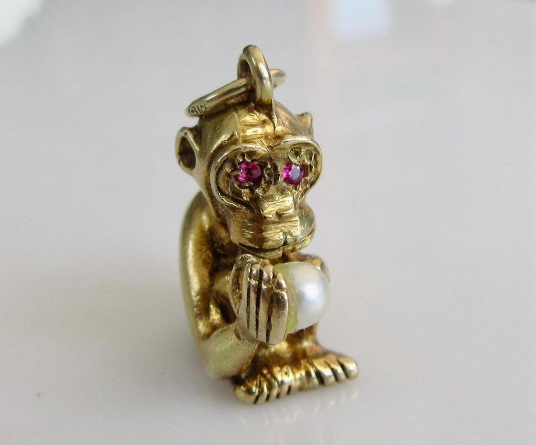 Large 9ct Gold Monkey With Ruby Eyes Holding a Pearl Ball Charm or ...