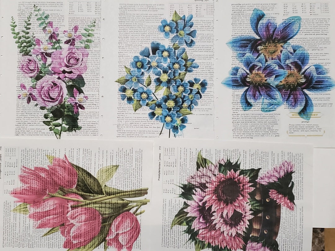 Floral Themed Dictionary Page Prints, Set of 5 - Etsy