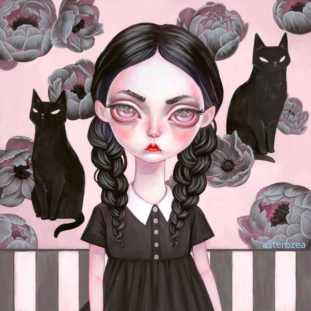 Wednesday Addams Art Print- Addams Family, Pop Surrealism, Black Dress ...