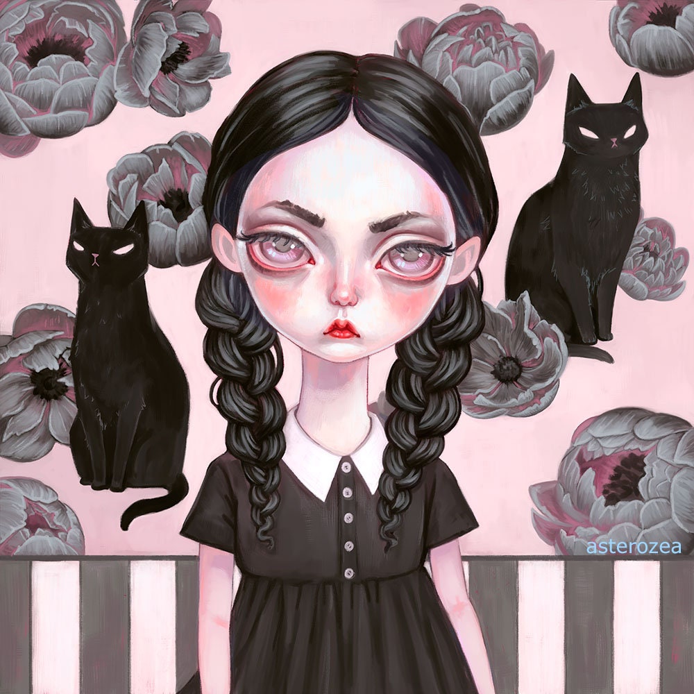 Wednesday Addams Art Print- Addams Family, Pop Surrealism, Black Dress ...