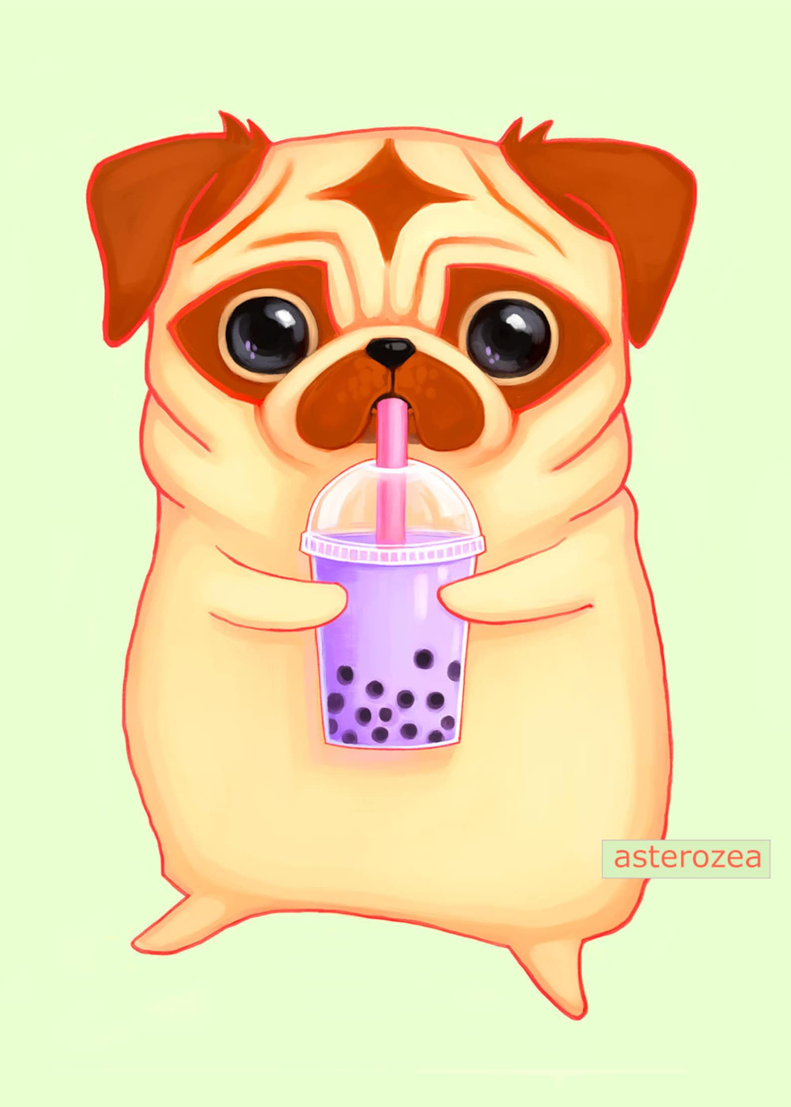Pug drinking Bubble Tea art 5x7 cute pug dog kawaii boba | Etsy
