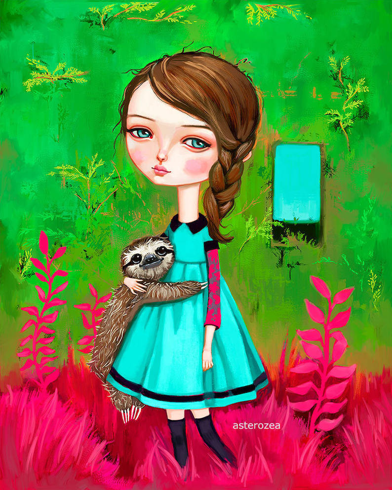 Girl and Sloth Wall Art Print Big Eyes Girl Sloth Art | Etsy