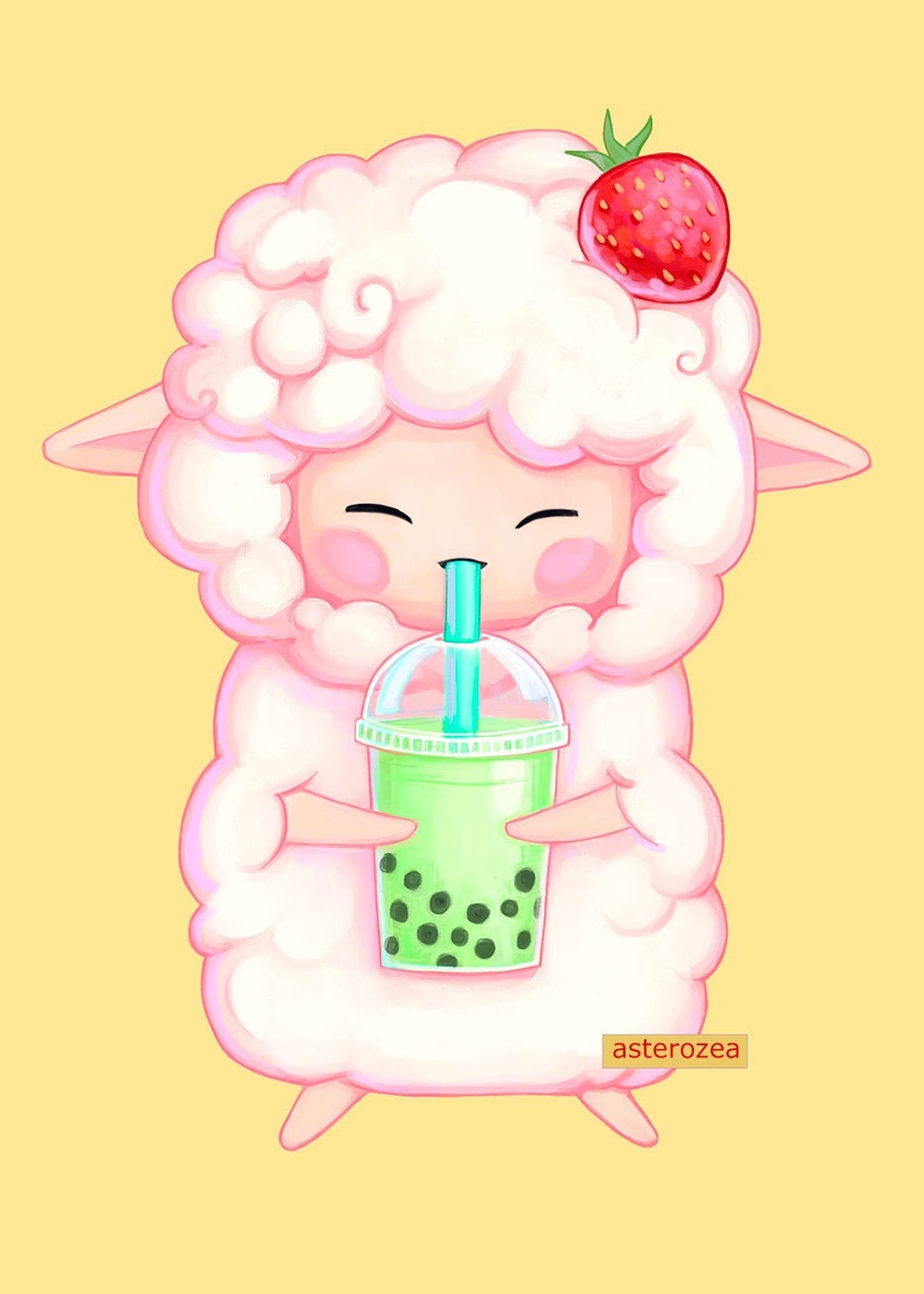 Cute Sheep Drinking Bubble Tea - 5x7 - Kawaii Boba Tea Art, Kawaii ...