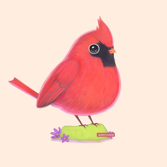 Cardinal Bird Art Cute Bird Print Chubby Bird Painting | Etsy