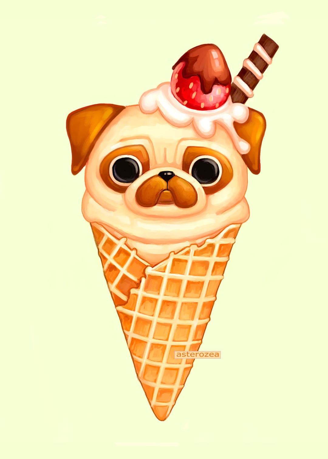 Pug Ice Cream - 5x7 - Kawaii Pug Dog Art, Cute Animal Art, Cute Food ...