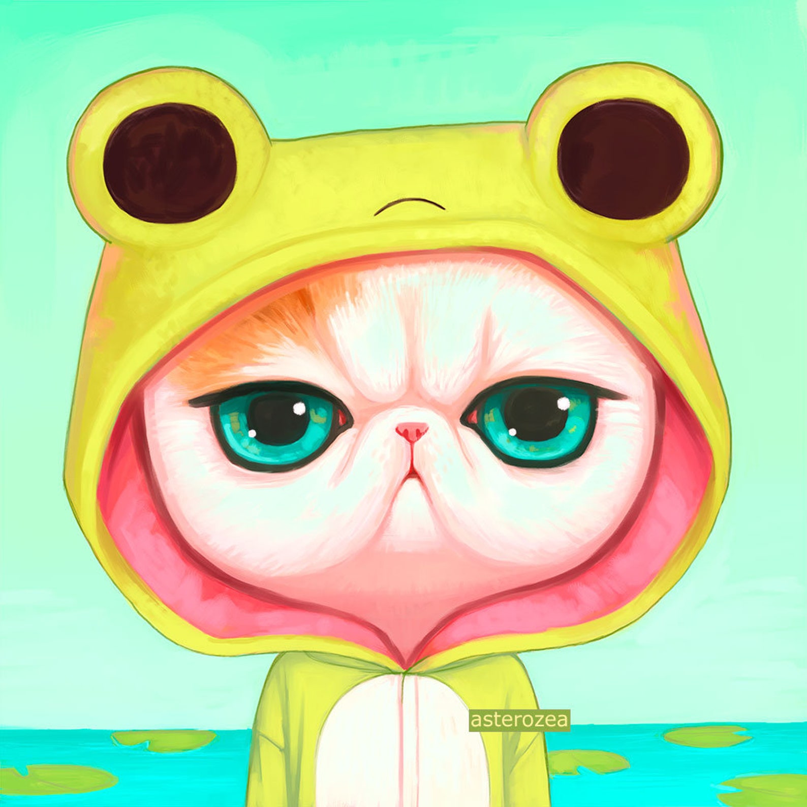 Exotic Shorthair Cat in Frog Suit -big Eyes Art, Cute Cat Art, Cat ...