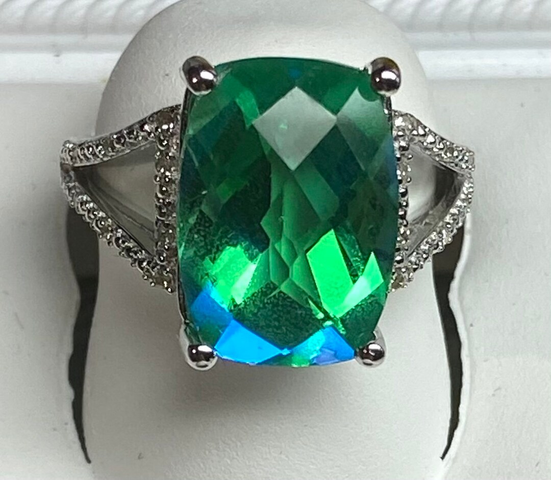 Large Cushion Caribbean Quartz Ring With 16 Round Natural Diamonds, 925 ...