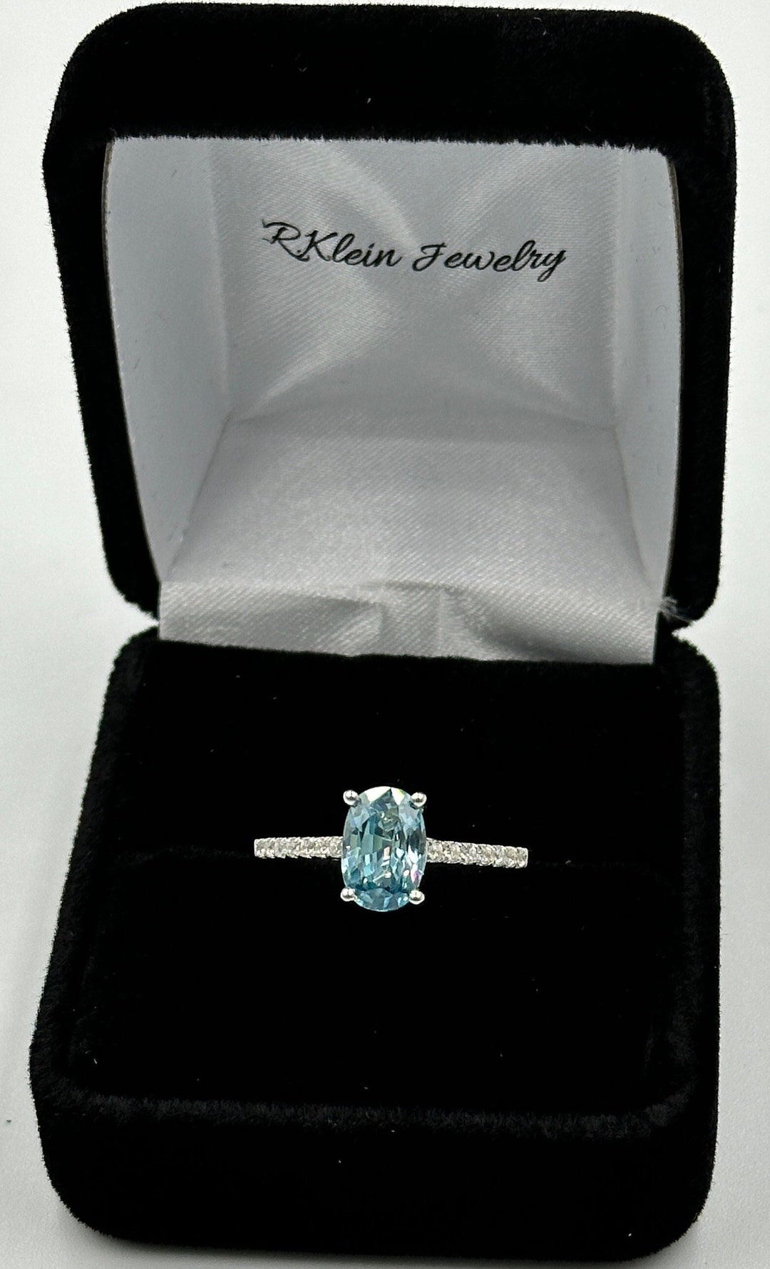 Gorgeous Oval Genuine Blue Zircon and Natural White Zircon Ring Set in ...