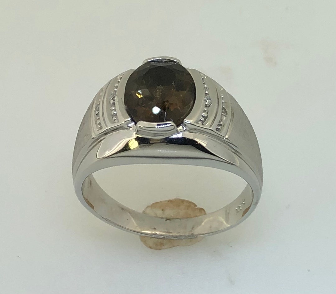 Solid Back Heavy Sterling Silver Mens Ring With Oval Smokey Topaz and ...