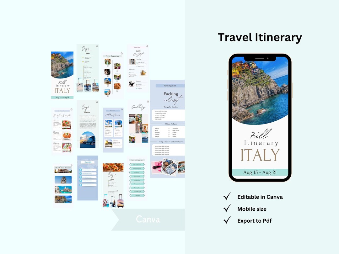 Travel Itinerary Canva Template - Fully Customizable Travel Planner ...
