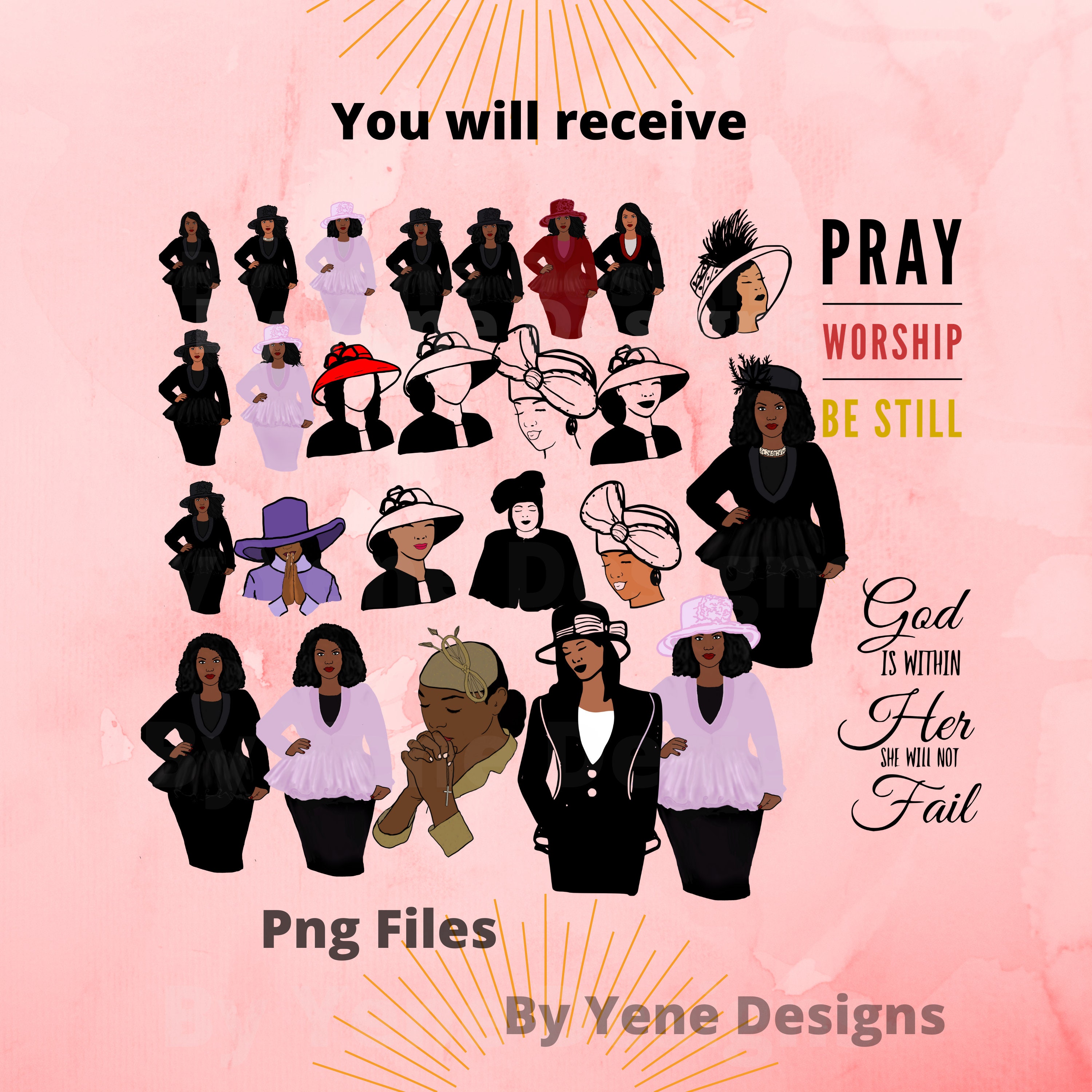 Hat Church Ladies Bundle, African American,black Women Png, Praying ...