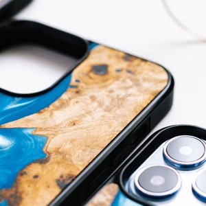 Sky Blue Resin Real Wood Handmade Case for iPhone 16, 15, 14, 13, 12 ...