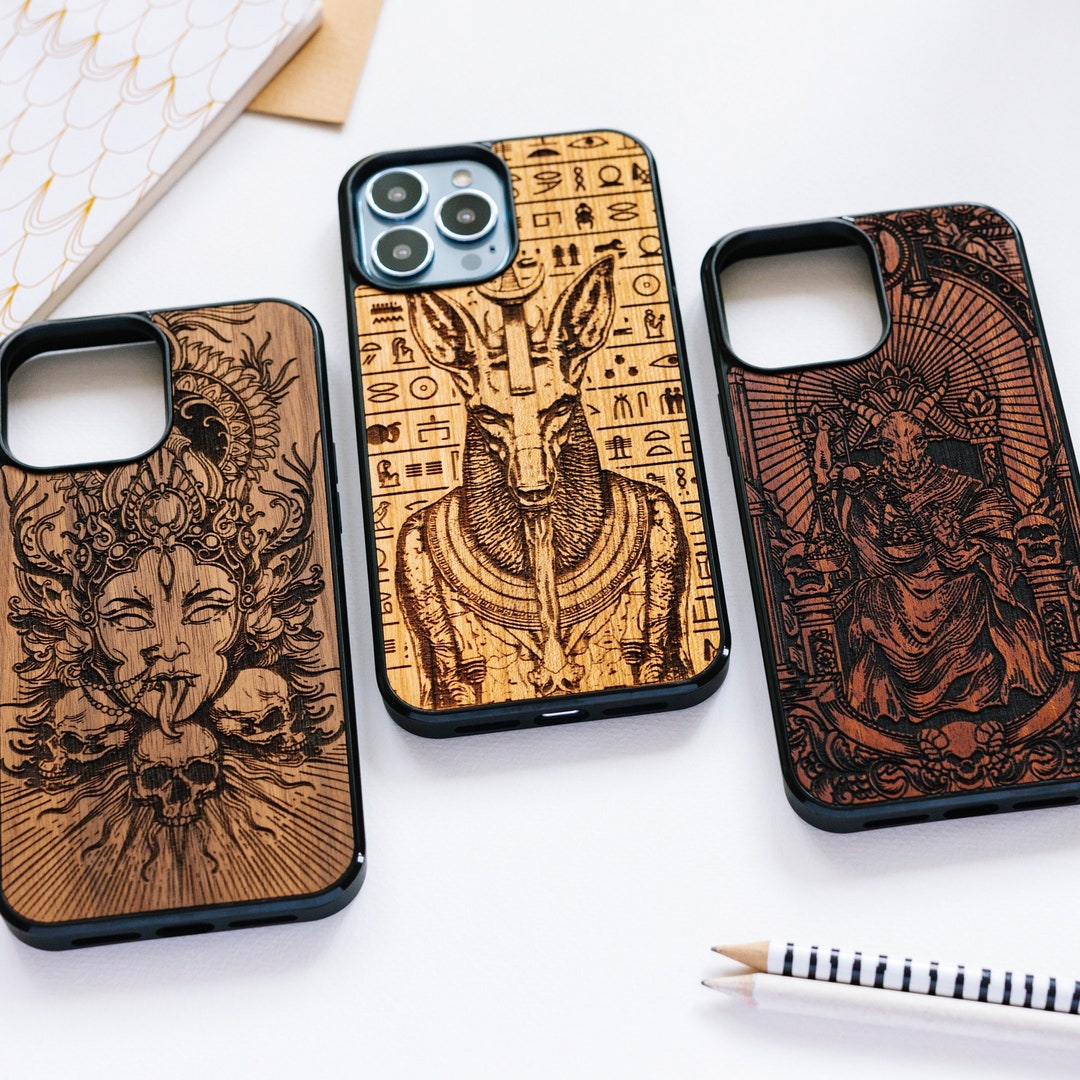 Ancient Gods Real Engraved Wood Case for iPhone 16, 15, 14, 13, 12, 11 ...